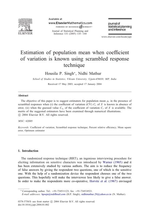 Pdf Estimation Of Population Mean When Coefficient Of Variation Is