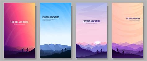 벡터 그림입니다 자연을 발견하고 탐험하고 관찰하는 여행 개념 하이킹 모험 관광 미니멀 한 그래픽 전단지 쿠폰 바우처 기프트 카드 전단지용 다각형 플랫 디자인 일출에 대한