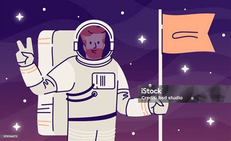우주 비행사 플랫 벡터 그림입니다 은하계에서 깃발과 승리의 손과 우주인 우주 유영 우주의 별 그라데이션 배경에 윤곽 요소가 있는 코스모나우트 만화 캐릭터 환상의 세계에 대한