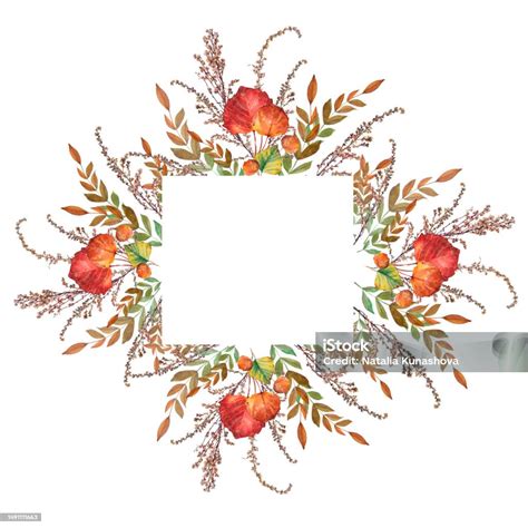 가을 꽃다발이 있는 정사각형 프레임 수채화 손으로 그린 빨강 초록색 주황색 잎은 흰색 배경에 분리되어 있다 결혼식을 위한 숲의 자연 단풍 할로윈 벽지 스케치북용 클립아트 0