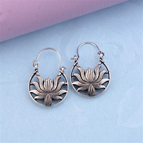 Silver Lotus Flower Hoop Earrings Vintage Brass Boho Earrings Etsy