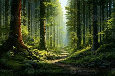 Fantasy Forest With Old Trees And Stairs Fresh Green Forest With Rocks