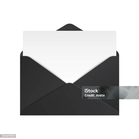 사실적인 검은 봉투 종이 시트로 봉투 모형을 열고 고립 된 전개 편지 벡터 일러스트레이션 봉투에 대한 스톡 벡터 아트 및 기타