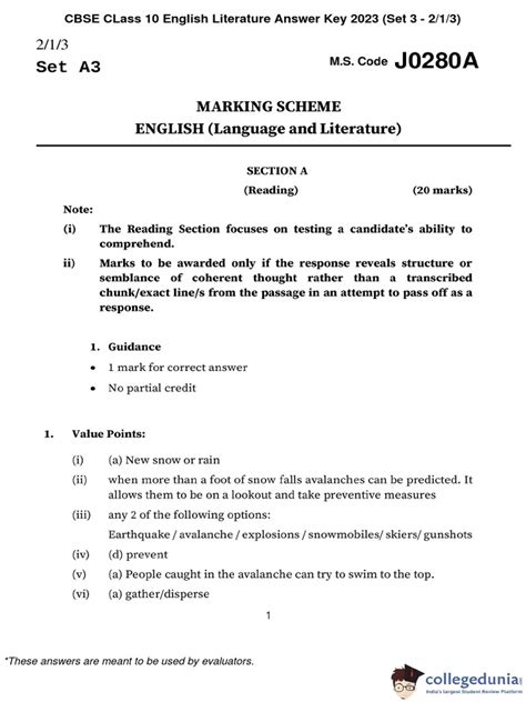 Cbse Class 10 English Literature Answer Key 2023 Set 3 2 1 3 Pdf