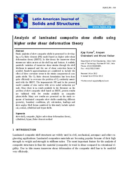 Pdf Analysis Of Laminated Composite Skew Shells Using Higher Order Shear Deformation Theory