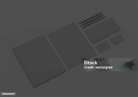 그래픽 디자이너 프리젠 테이션 및 포트폴리오어두운 배경에 정체성을 브랜딩하기위한 기본 검은 색 문구 모형 템플릿 3d 렌더링 작품집에 대한 스톡 사진 및 기타 이미지