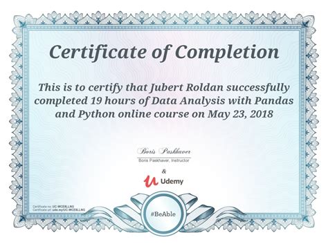 jubert roldan on linkedin completion certificate for data analysis with pandas and python