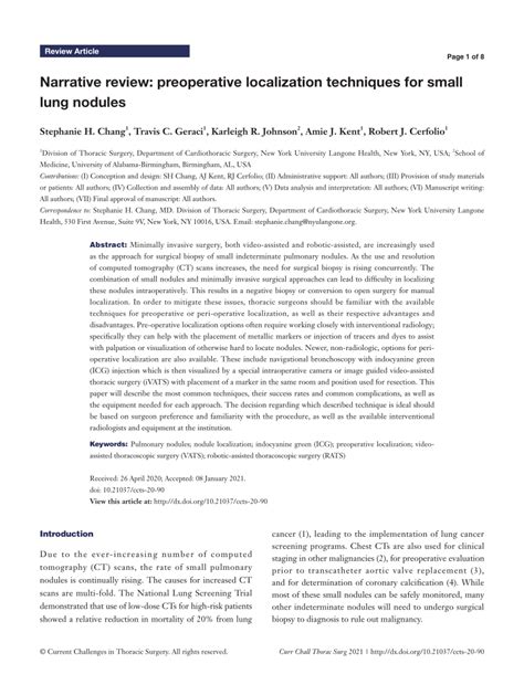 Pdf Narrative Review Preoperative Localization Techniques For Small Lung Nodules