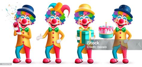 광대 캐릭터 벡터 세트 디자인 생일 버툰과 조커 캐릭터는 행복하고 재미있는 표정으로 화려한 가발 모자 및 의상을 입습니다 가발에 대한 스톡 벡터 아트 및 기타 이미지