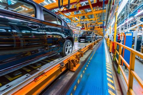 Efficient Assembly Line Of Contemporary Vehicles In A Bustling Factory