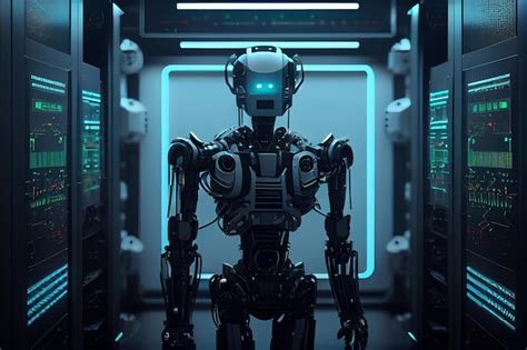 premium photo thinking ai humanoid robot analyzing hologram screen