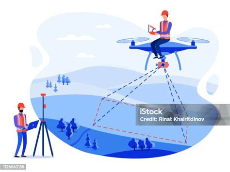 개념 籍 엔지니어 측량 사들이 만들어 측지학 측정 드 론을 사용 하 여 헬기 벡터 평면 그림입니다 측량사에 대한 스톡 벡터 아트 및 기타 이미지 Istock