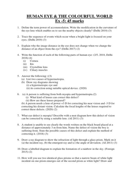 Ex 5 Human Eye And Colourful World Download Free Pdf Eye Human Eye