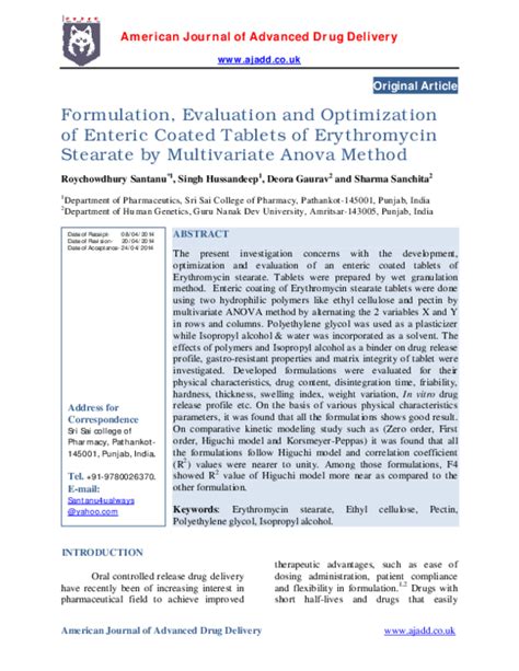 Pdf Formulation Evaluation And Optimization Of Enteric Coated Tablets Of Erythromycin