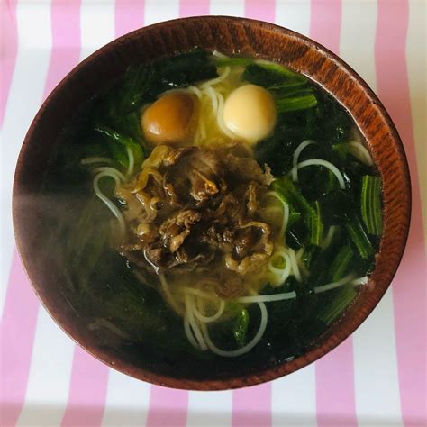 黒毛和牛と藻塩and味噌だれうずらの卵とほうれん草温麺〜 ︎ Kazukazuの開運happy Blog