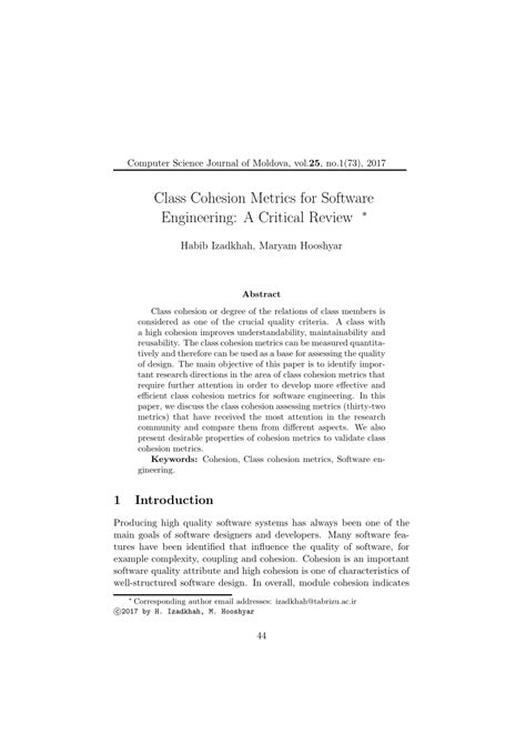 Pdf Class Cohesion Metrics For Software Engineering A Critical Review