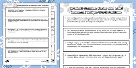 Sixth Grade Greatest Common Factor And Least Common Multiple Winter Math Word