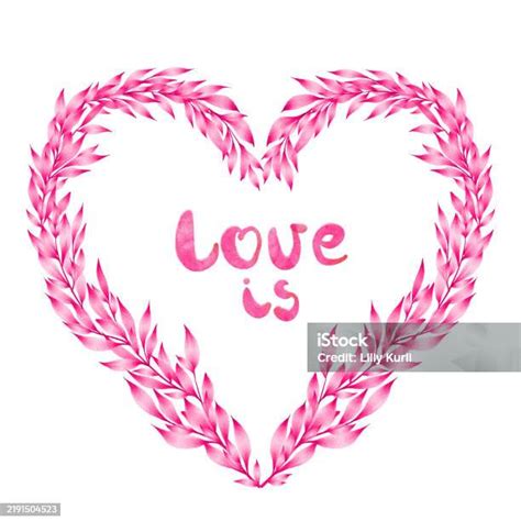 분홍색 나뭇잎과 사랑이라는 문구가 있는 하트 모양의 디자인은 자연 요소로 둘러싸여 있습니다 공휴일에 대한 스톡 벡터 아트 및 기타 이미지 Istock