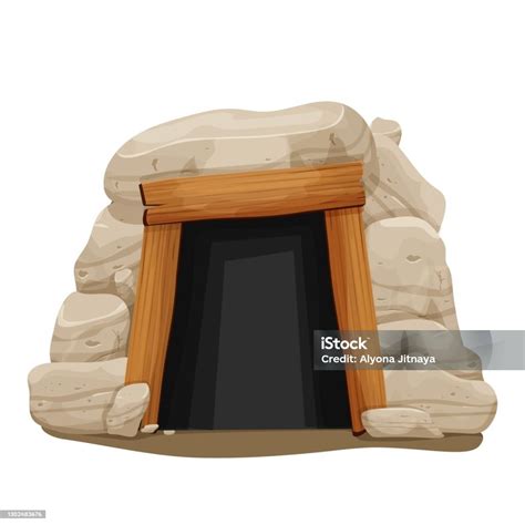 오래된 동굴 흰색 배경에 고립 된 돌 바위와 나무 판자에서 만화 스타일의 광산 입구 어두운 터널 지하 장소 금광에 대한 스톡 벡터 아트 및 기타 이미지 Istock