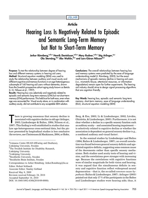Pdf Hearing Loss Is Negatively Related To Episodic And Semantic Long Term Memory But Not To