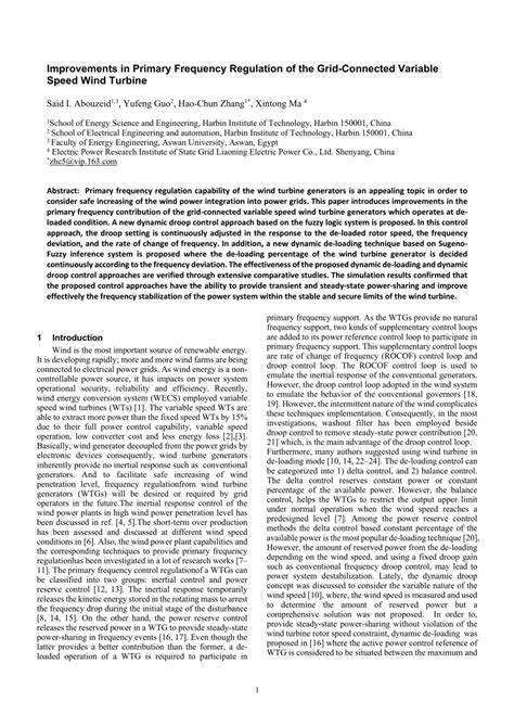 Pdf Improvements In Primary Frequency Regulation Of The Grid Connected Variable Speed Wind Turbine