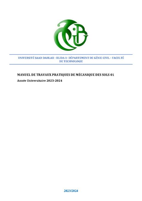 Manuel Tpmds 1 2023 UniversitÉ Saad Dahlab Blida 1 DÉpartement De GÉnie Civil