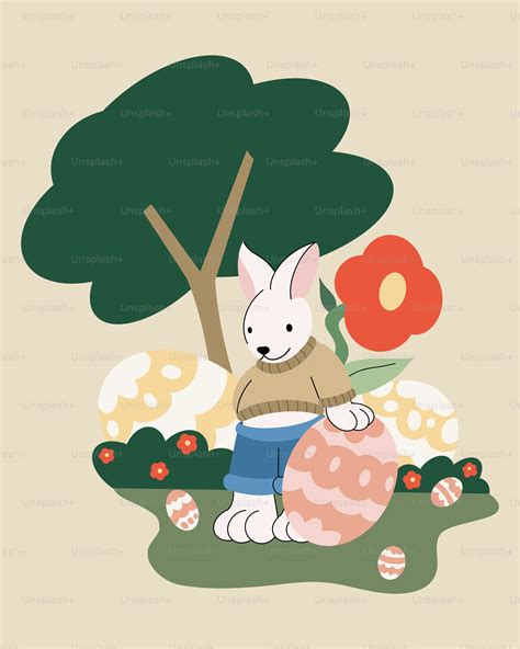 들판에서 알을 들고 있는 흰 토끼 벡터 Unsplash의 부활절 이미지