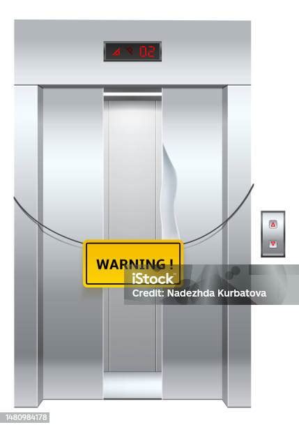 현실적인 엘리베이터 리프트 수리 움푹 들어간 곳이있는 닫힌 고장 금속 슬라이딩 도어 경고 보드 스테이지 패널 및 버튼 로비 내부 유지 보수 수정 벡터 격리 깨진 출입구 3