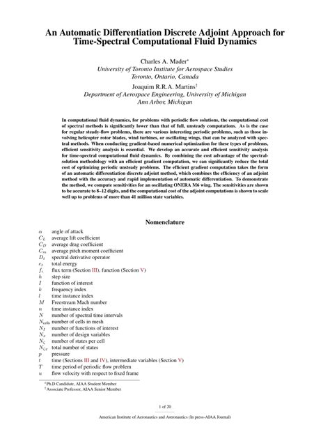 Pdf An Automatic Differentiation Discrete Adjoint Approach For Time Spectral Computational
