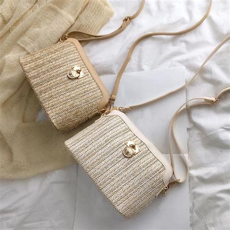 Badu Bg Пътни чанти Дамска чанта от сламена черупка Модна лятна плажна чанта от сламена тъкан