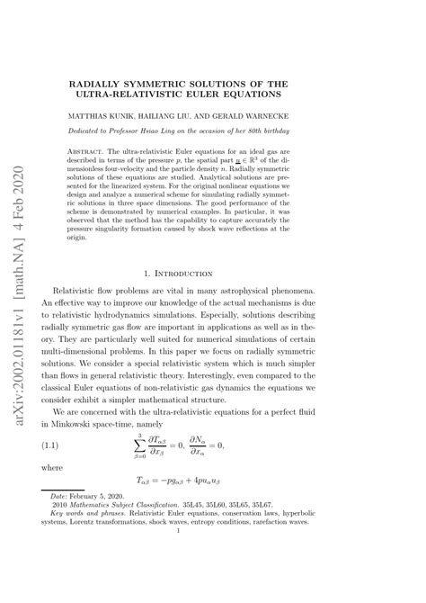 Pdf Radially Symmetric Solutions Of The Ultra Relativistic Euler Equations