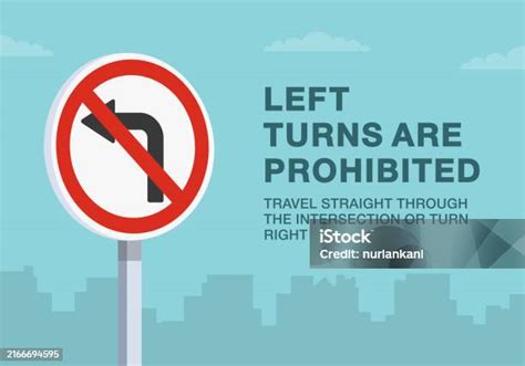 안전 운전 요령 및 교통 법규 유럽의 좌회전 금지 도로 표지판의 클로즈업 좌회전은 금지되어 있습니다 벡터 일러스트 레이 션 템플릿입니다 개체 그룹에 대한 스톡 벡터 아트 및