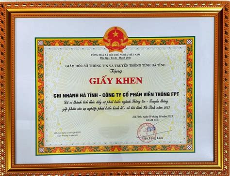 FPT Telecom Công ty Cổ phần Viễn thông FPT FPT Telecom Hà Tĩnh vinh dự nhận giấy khen về