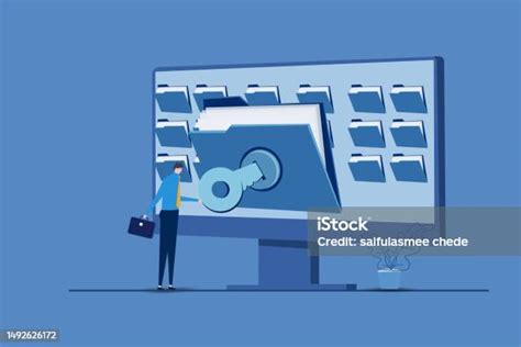 사이버 보안 디지털 파일에 액세스하기 위해 보안 키를 사용하는 사업가의 벡터 디지털 파일 보호 개념 가상현실에 대한 스톡 벡터 아트 및 기타 이미지 Istock