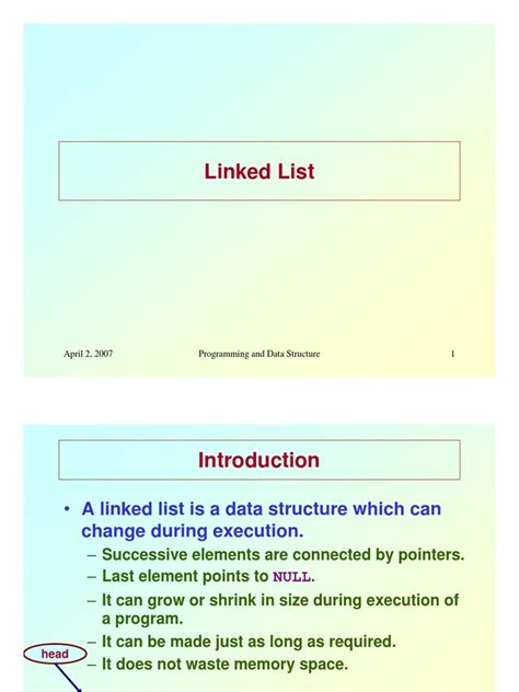 Linked List April 2 2007 Programming And Data Structure 1 Pdf