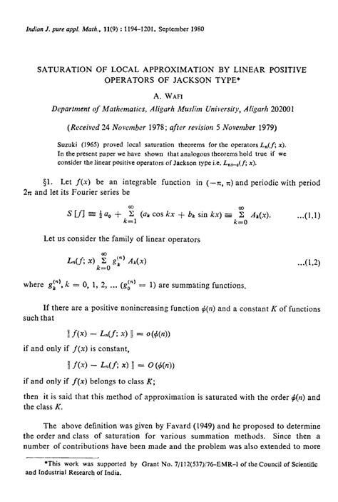 Pdf Saturation Of Local Approximation By Linear Positive Operators Of Jackson Type