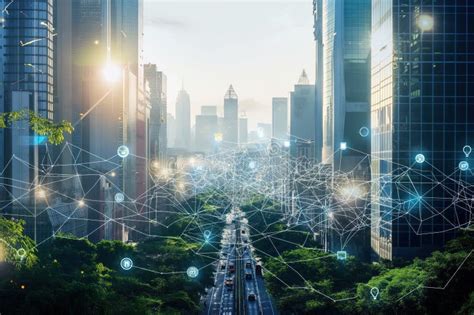 smart cityscape with grid like network of interconnected devices