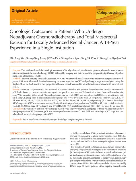 Pdf Oncologic Outcomes In Patients Who Undergo Neoadjuvant Chemoradiotherapy And Total