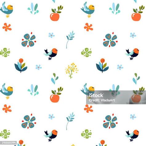 문구류 포장 벽지 및 직물을 위한 흰색 배경에 작고 단순한 새 꽃 빨간 사과의 원활한 패턴 귀여운에 대한 스톡 벡터 아트 및
