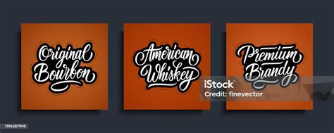 미국 위스키 오리지널 버번 주류용 프리미엄 브랜디 필기 라벨 템플릿 레터링 세트 디자인을 위한 창의적인 타이포그래피 0명에 대한 스톡 벡터 아트 및 기타 이미지 Istock
