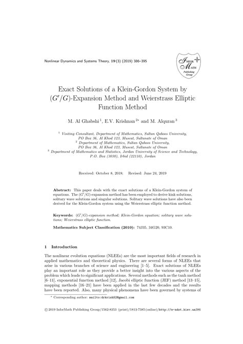 Pdf Exact Solutions Of A Klein Gordon System By Gg Expansion