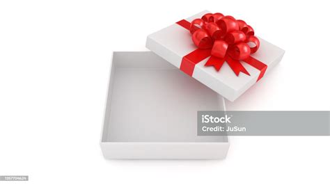 흰색 배경에 고립 된 빨간색 리본과 활흰색 빈 선물 상자 크리스마스와 새해 첫날 발렌타인 데이 와 생일 축하 3d 렌더링 디지털