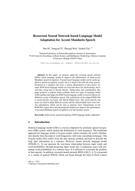 Pdf Recurrent Neural Network Based Language Model Adaptation For Accent Mandarin Speech