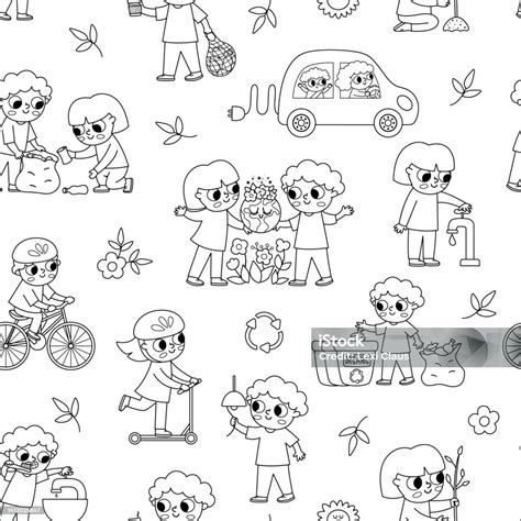 생태 흑백 벡터 아이들과 원활한 패턴 귀여운 환경 친화적 인 반복 배경 소년과 소녀는 물 에너지 환경 보호를 절약합니다 지구의 날 색칠 공부 페이지 컬러링 북 페이지