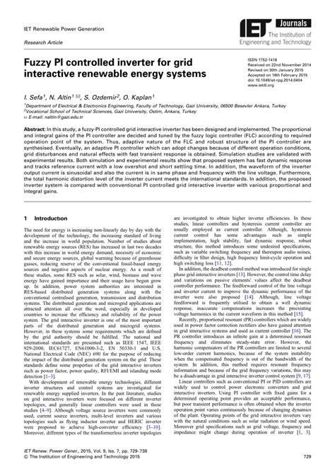 Pdf Fuzzy Pi Controlled Inverter For Grid Interactive Renewable Energy Systems