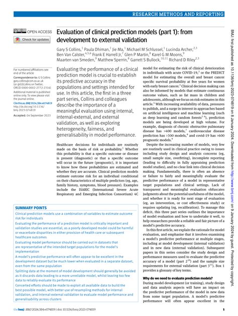 Pdf Evaluation Of Clinical Prediction Models Part 1 From Development To External Validation