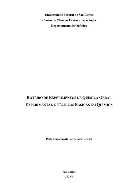 Roteiro De Experimentos Qeg E Tbq Química Experimental Geral Ufscar