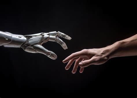 Machine Learning Hands Of Robot And Human Touching Premium Ai