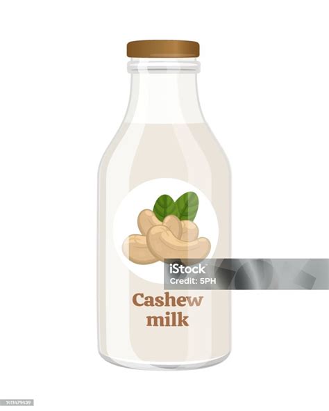 유리 병에 비건 캐슈 너트 우유 대체 비 유제품 음료 흰색 배경에 벡터 일러스트 레이 션 우유에 대한 스톡 벡터 아트 및 기타 이미지 Istock