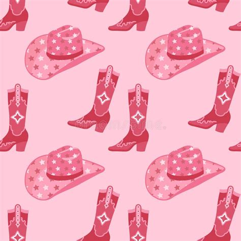 Lindo Patrón Rosa Sin Costura Con Sombreros De Vaquera Retro Y Botas De